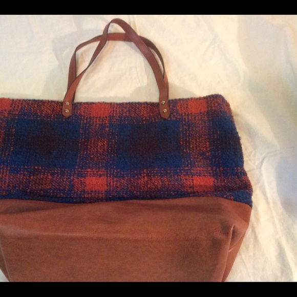 Street Level | Bags | Street Level Tote Bag Check Rust Blue Tan Leather ...